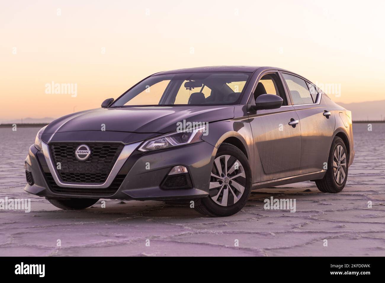 A brand new gray Nissan Altima 2.5 SR on the Bonneville Salt Flats ...