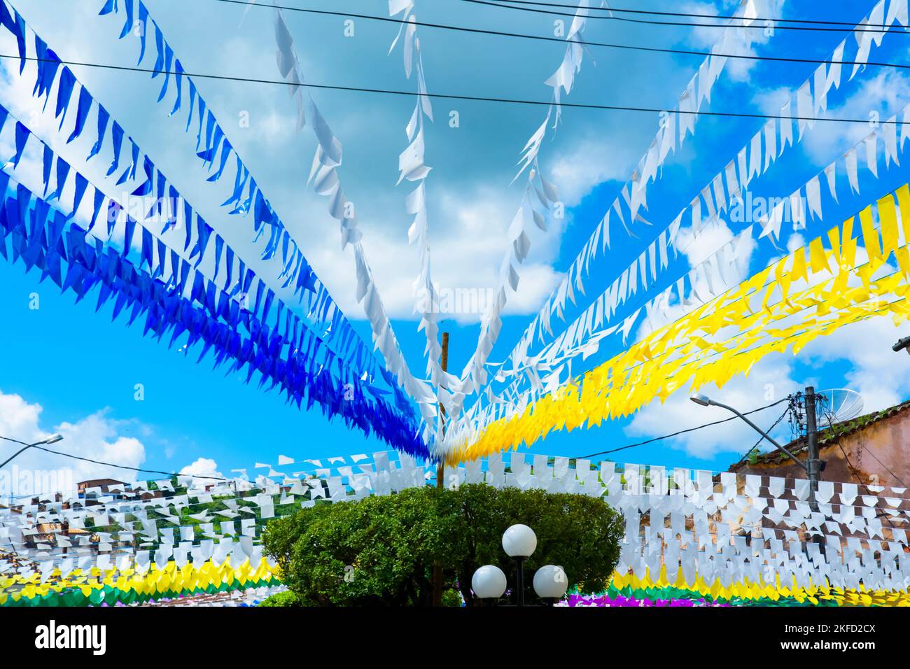 A beautiful view of decorative colorful flags for Sao Joao festival in ...