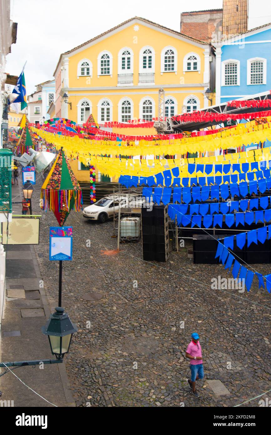 A vertical shot of colored flags decoration and toys during Bahia Sao ...
