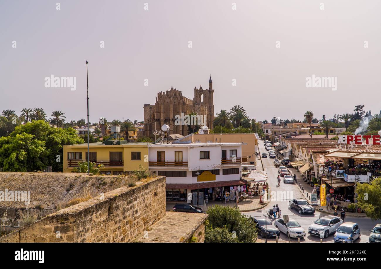 an aerial view of the Old Town of Famagusta with Lala Mustafa Pasha ...