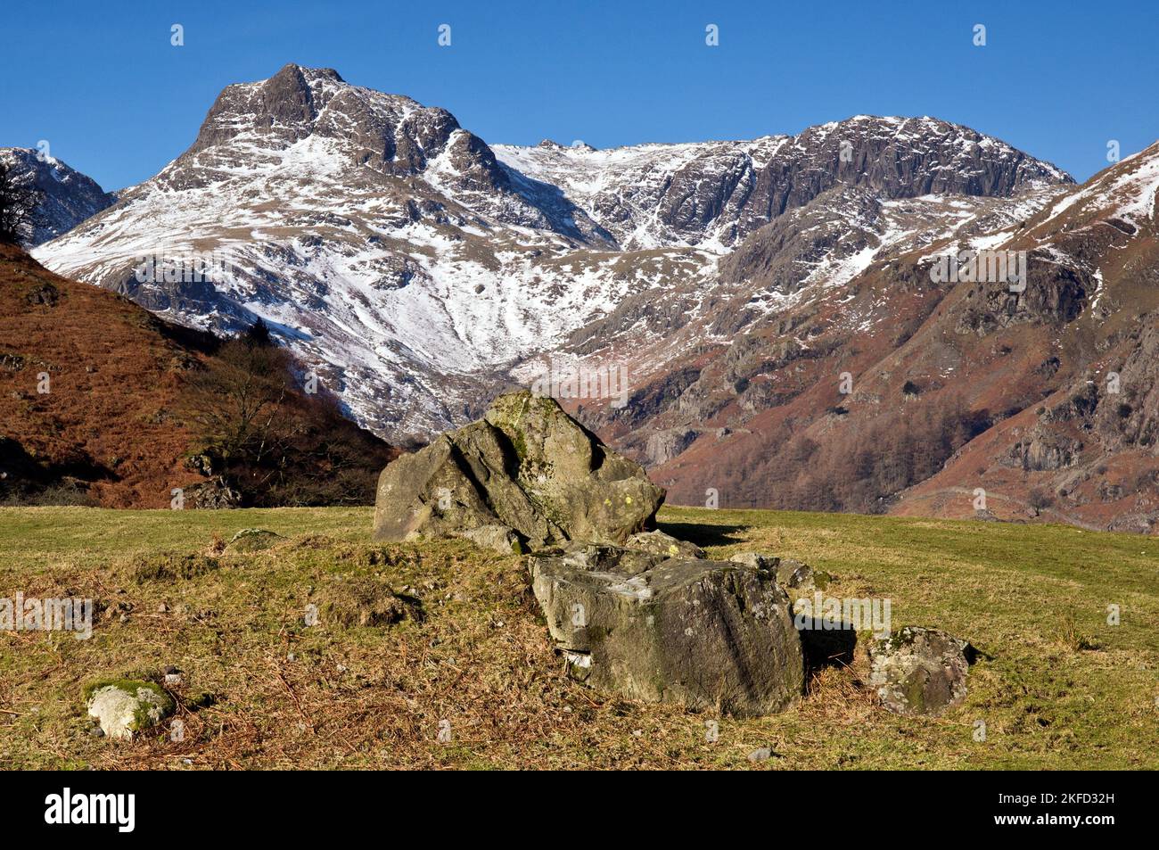 Langdale Pikes seen from Great Langdale valley in winter Lake District ...