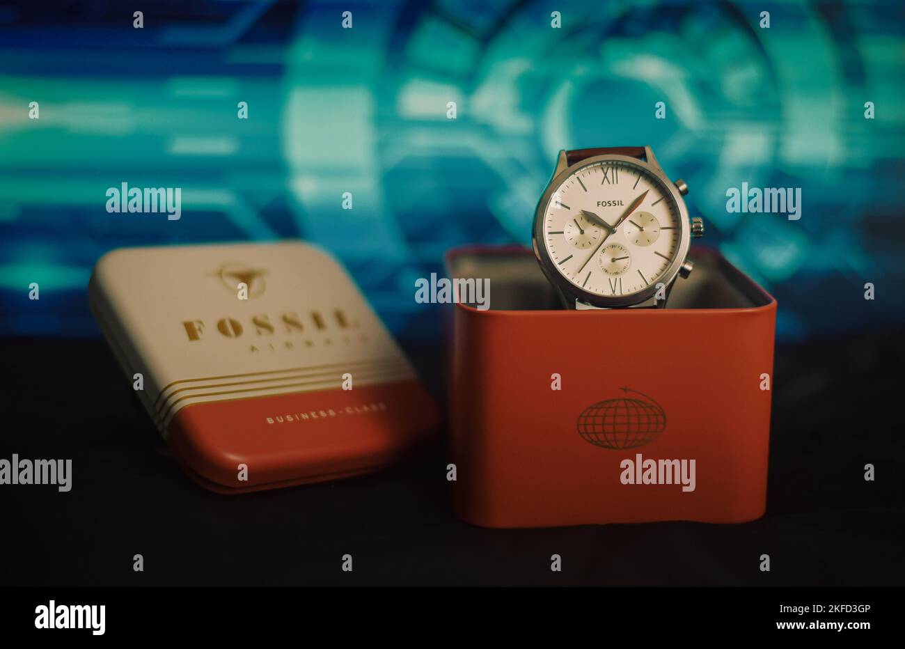 A Fossil wristwatch in orange box - product photograph Stock Photo - Alamy
