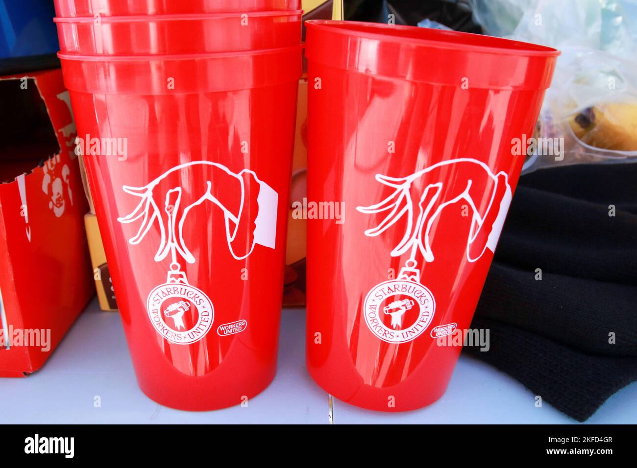 Red Starbucks Workers United cups that will be handed out to customers ...