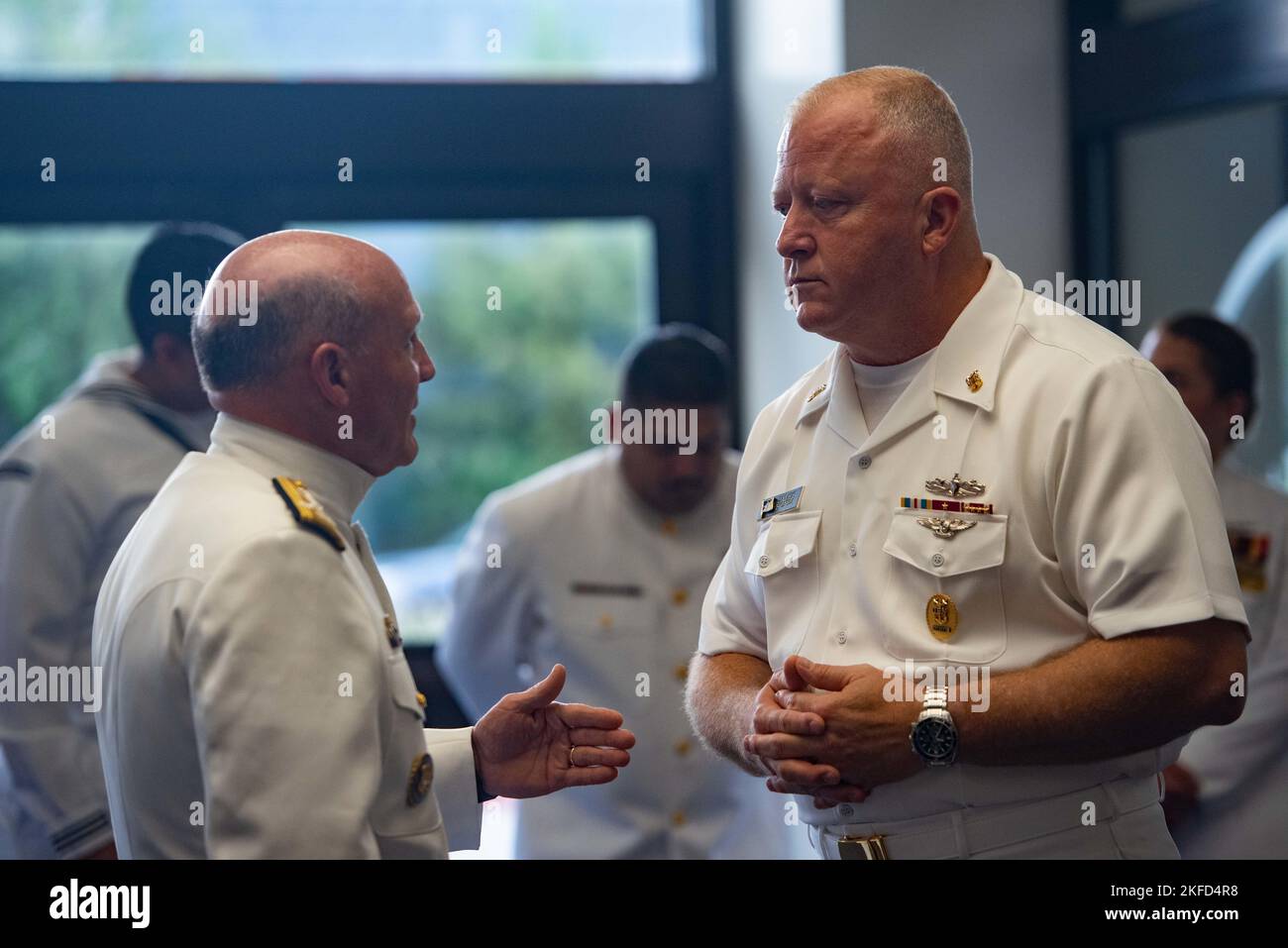ANNAPOLIS, Md. (Sept. 8, 2022) Chief of Naval Operations Adm. Mike Gilday, left, speaks with ...