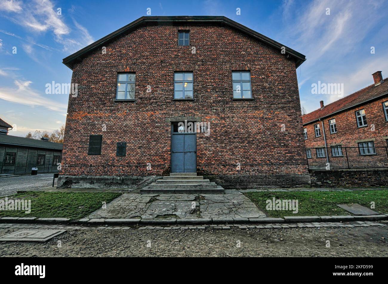 A panoramic view of the exterior design of the Auschwitz concentration ...