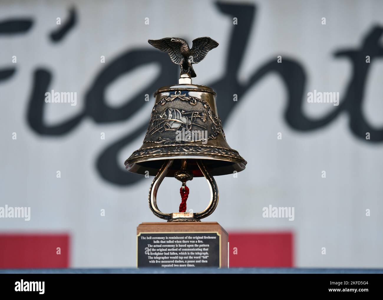 A first responder ceremonial bell is displayed onstage during a 9/11 ...