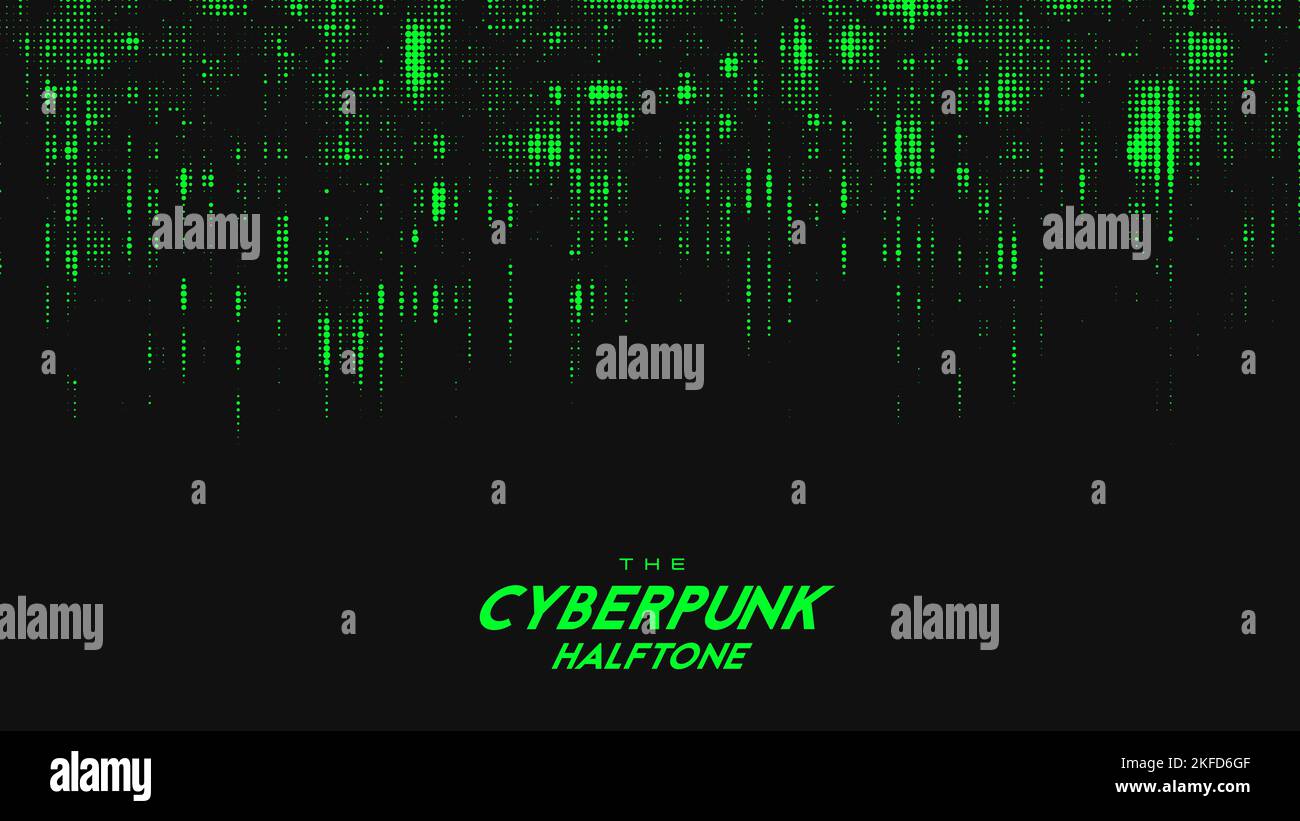 Abstract vector green cyberpunk halftone sound wave. Scrathed dotted ...
