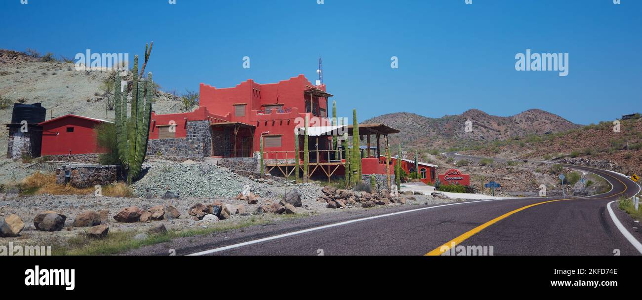 The Red building along the highway in the desert of Bahia de Concepcion ...