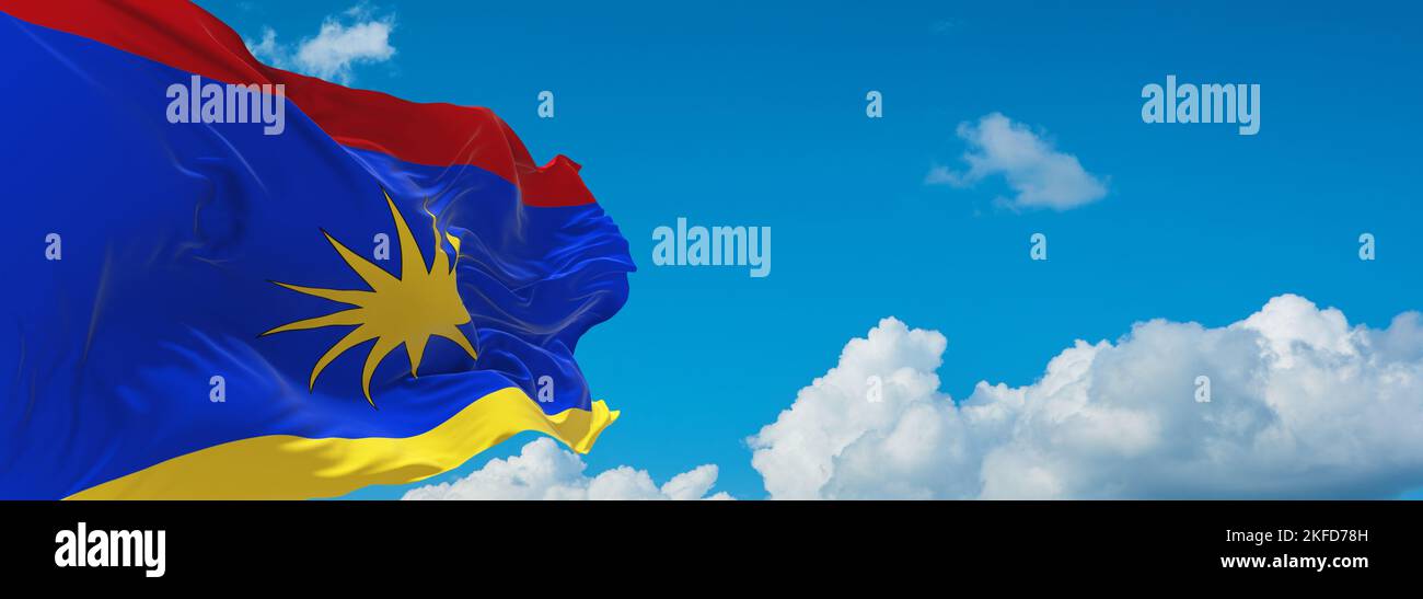 flag of Daco-Romance peoples Serbian Vlachs at cloudy sky background ...