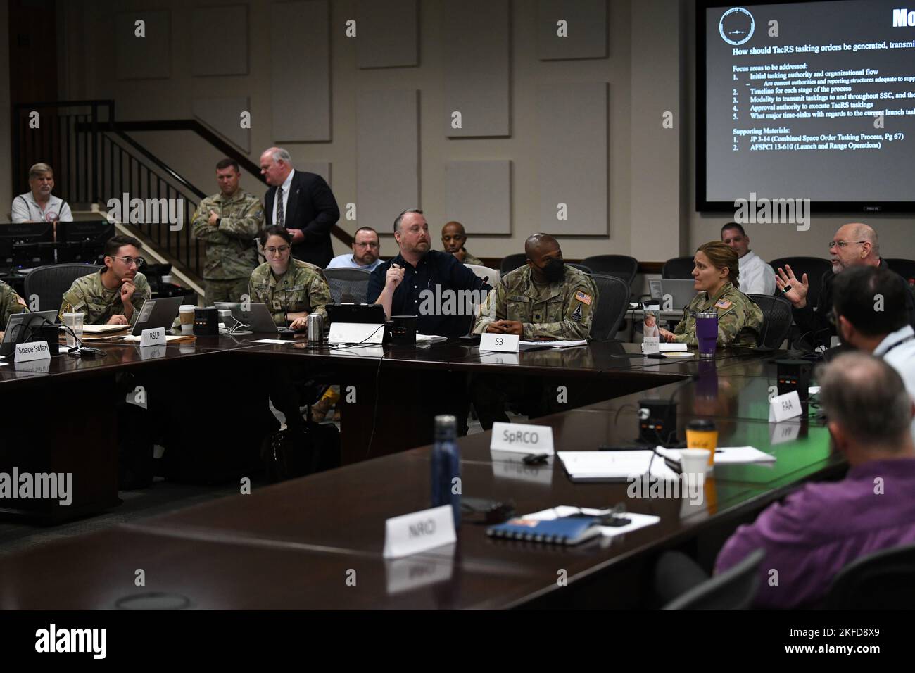 Interagency partners conversate during Space Systems Command’s first joint operations training ...