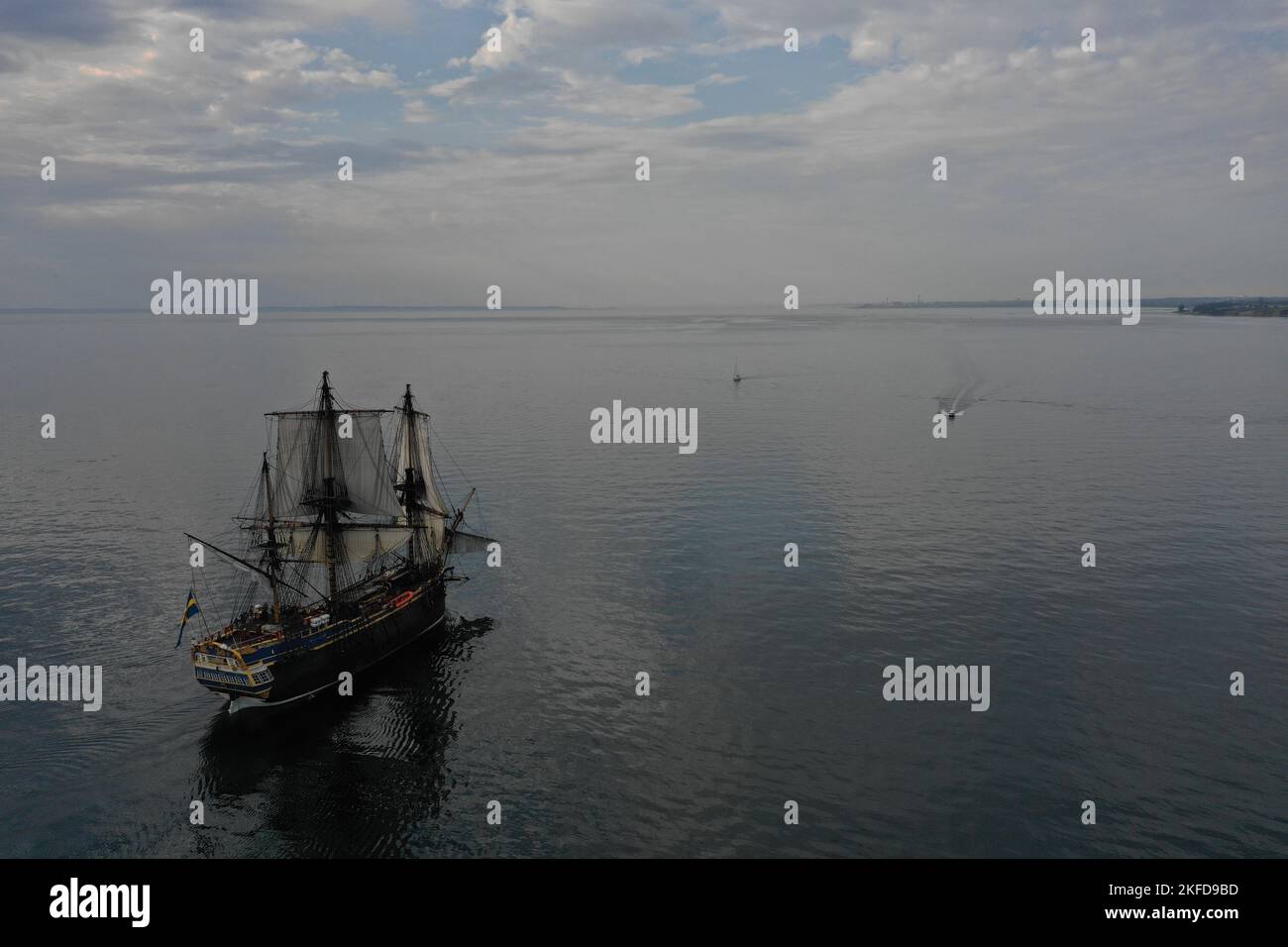 An aerial shot of a Swedish sailship called Gotheborg sailing on ocean ...