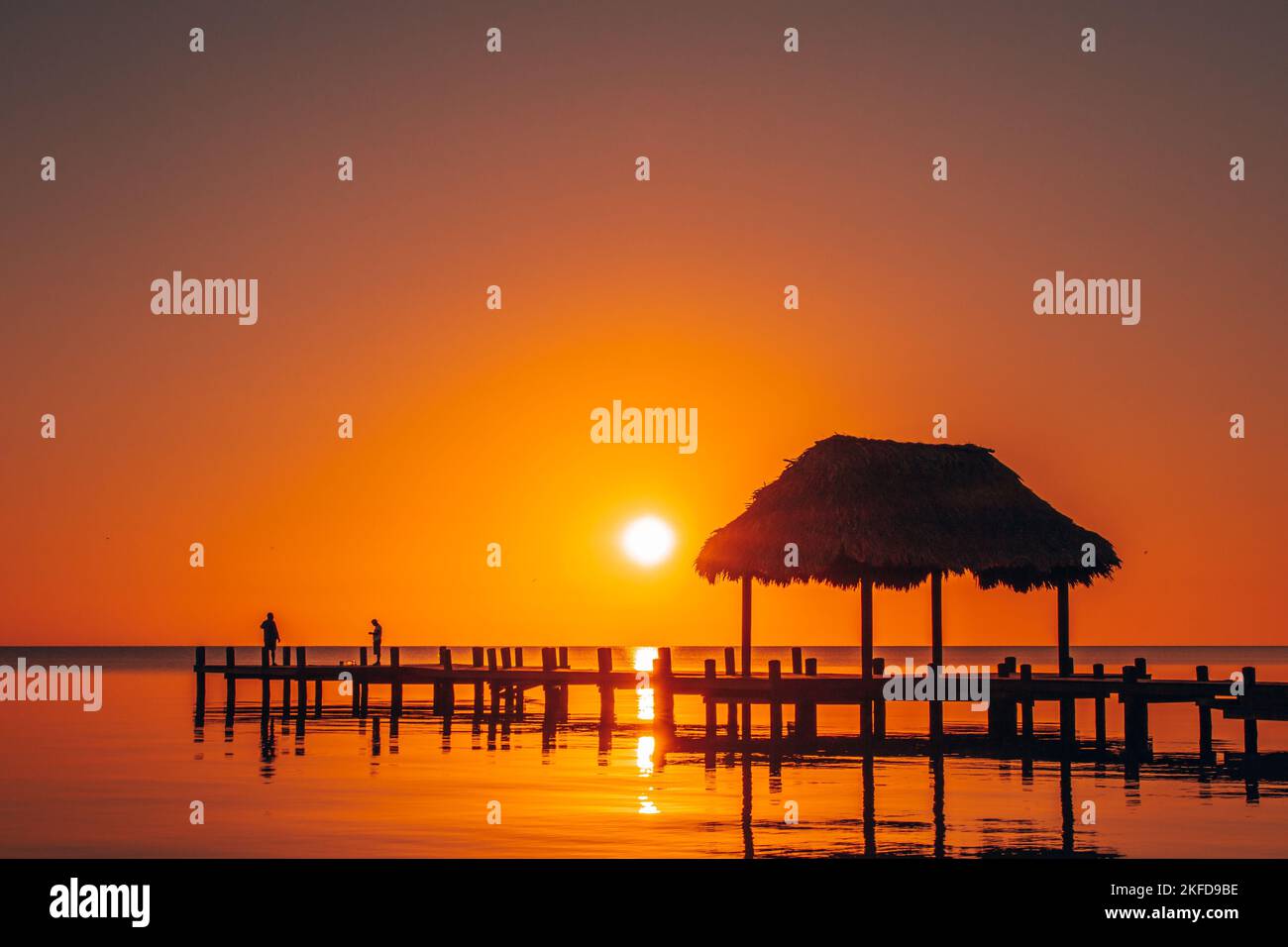 The golden sunset over the ocean with the silhouette of a beach ...