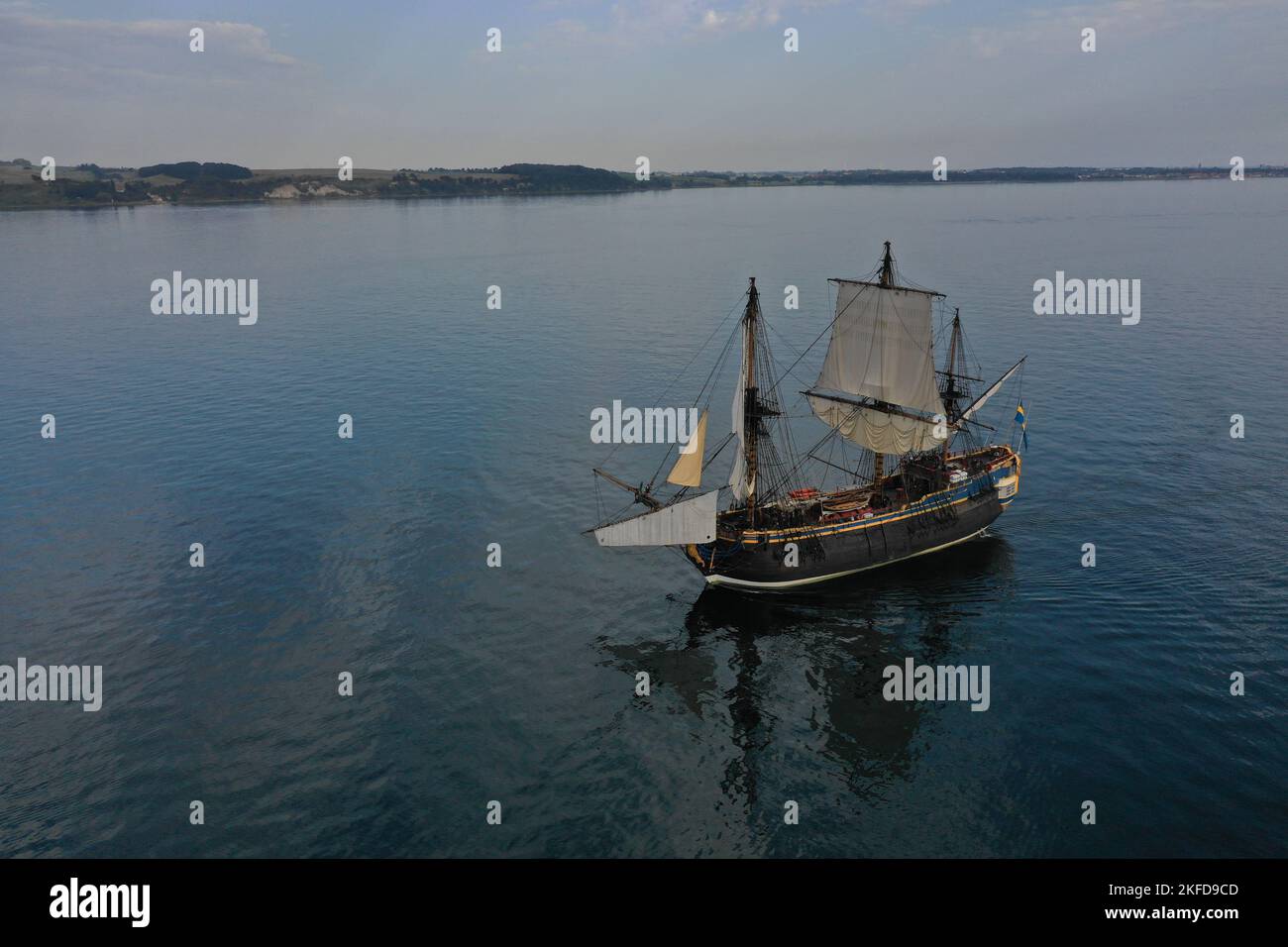 An aerial shot of a Swedish sailship called Gotheborg sailing on ocean ...