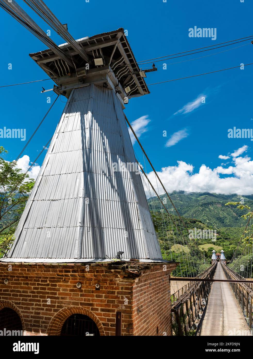 Old western suspension bridge over Cauca river, Antioquia - Colombia ...