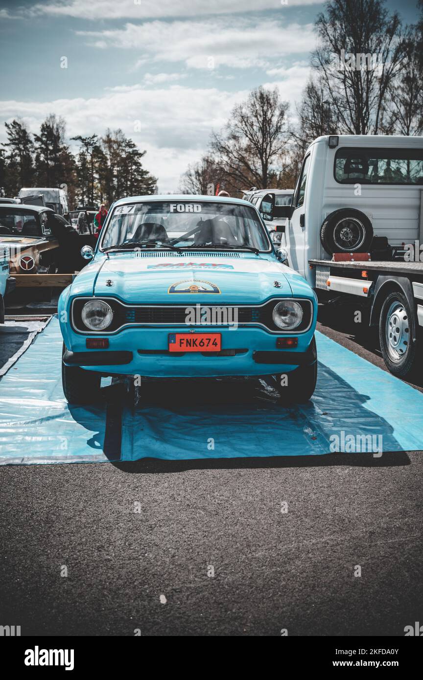 An old blue Ford Escort during a rally event in Sweden Stock Photo - Alamy