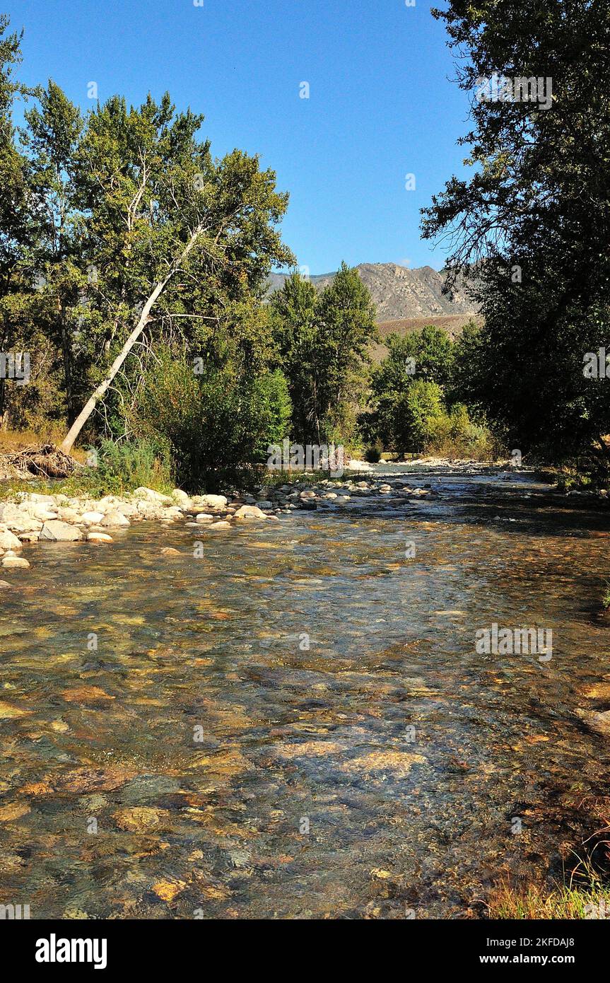 A small rocky river flows in a straight channel through the morning ...