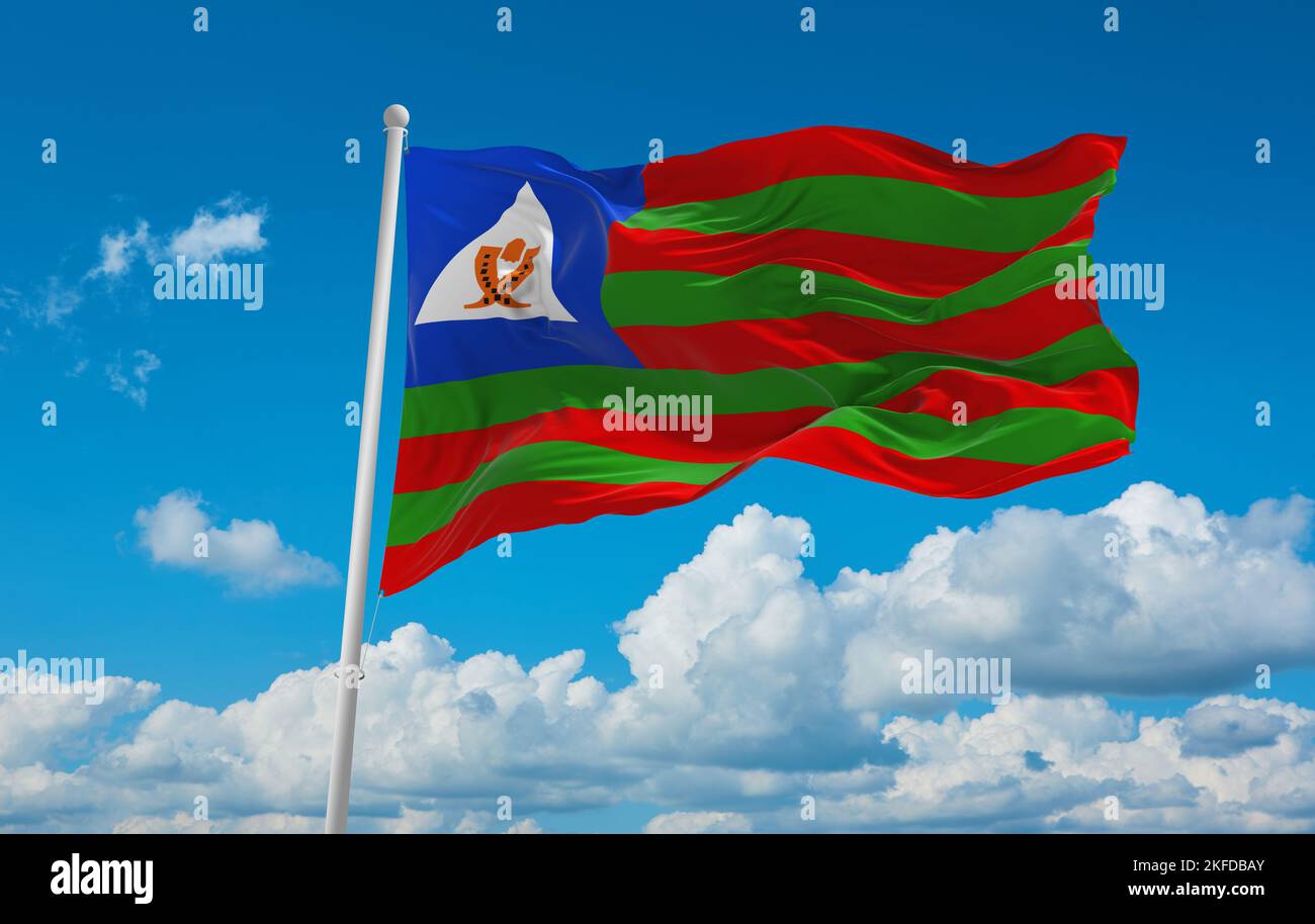 flag of Bantu peoples Bubi people at cloudy sky background, panoramic ...
