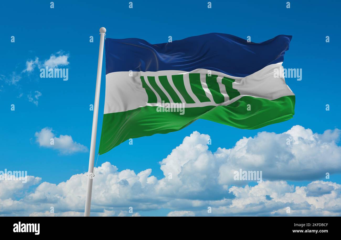 flag of Bantu peoples Ovambo people at cloudy sky background, panoramic ...