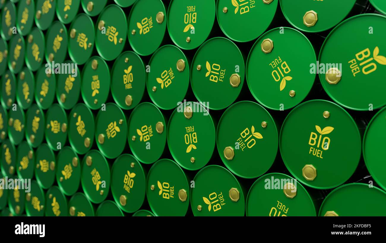 Wall of biofuel barrels or biodiesel drums. Sustainable energy concept ...