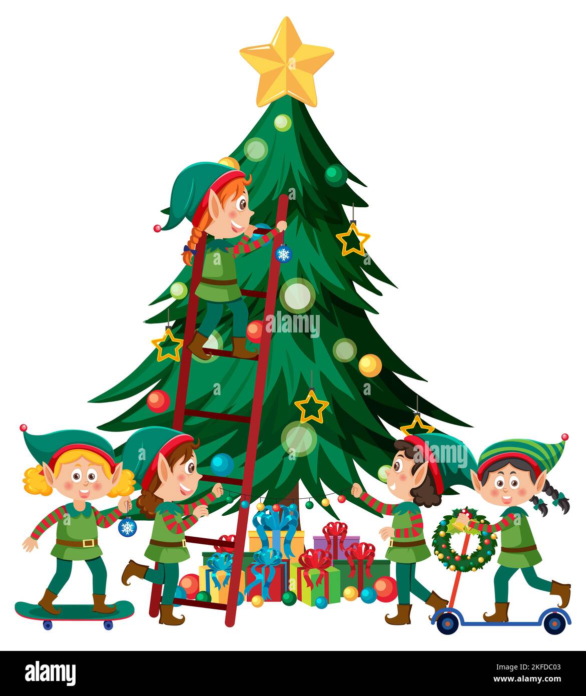 Children in elf costume decorating Christmas tree illustration Stock ...