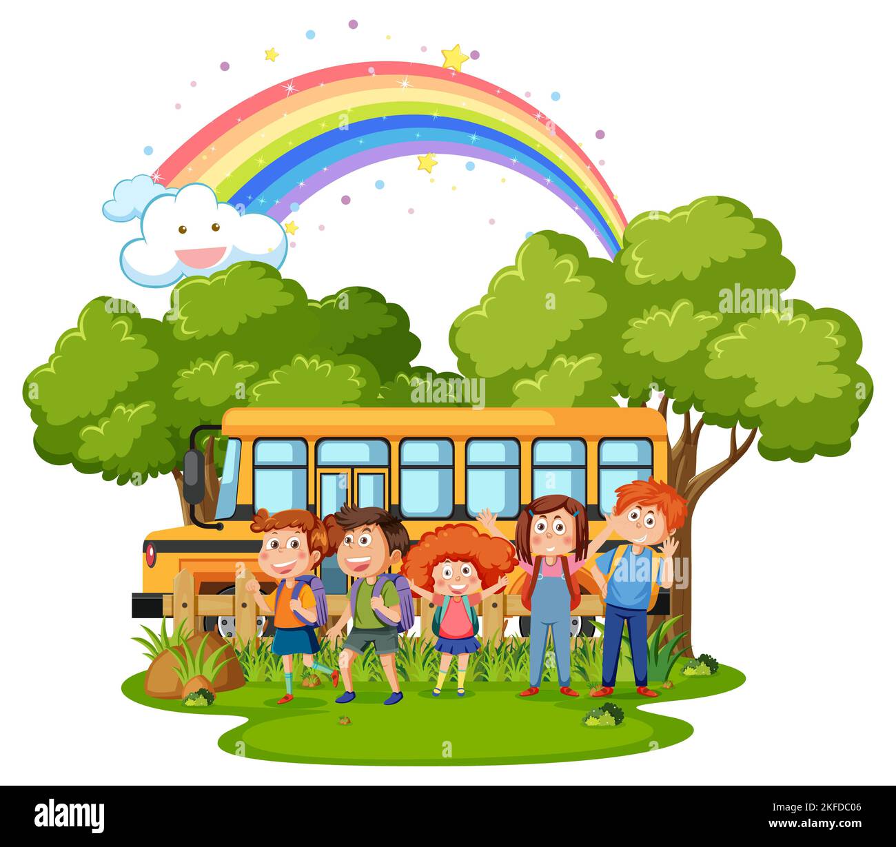 Children with school bus in cartoon style illustration Stock Photo - Alamy
