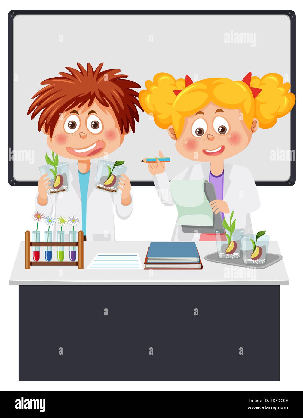 Scientist kids doing science experiment illustration Stock Photo - Alamy