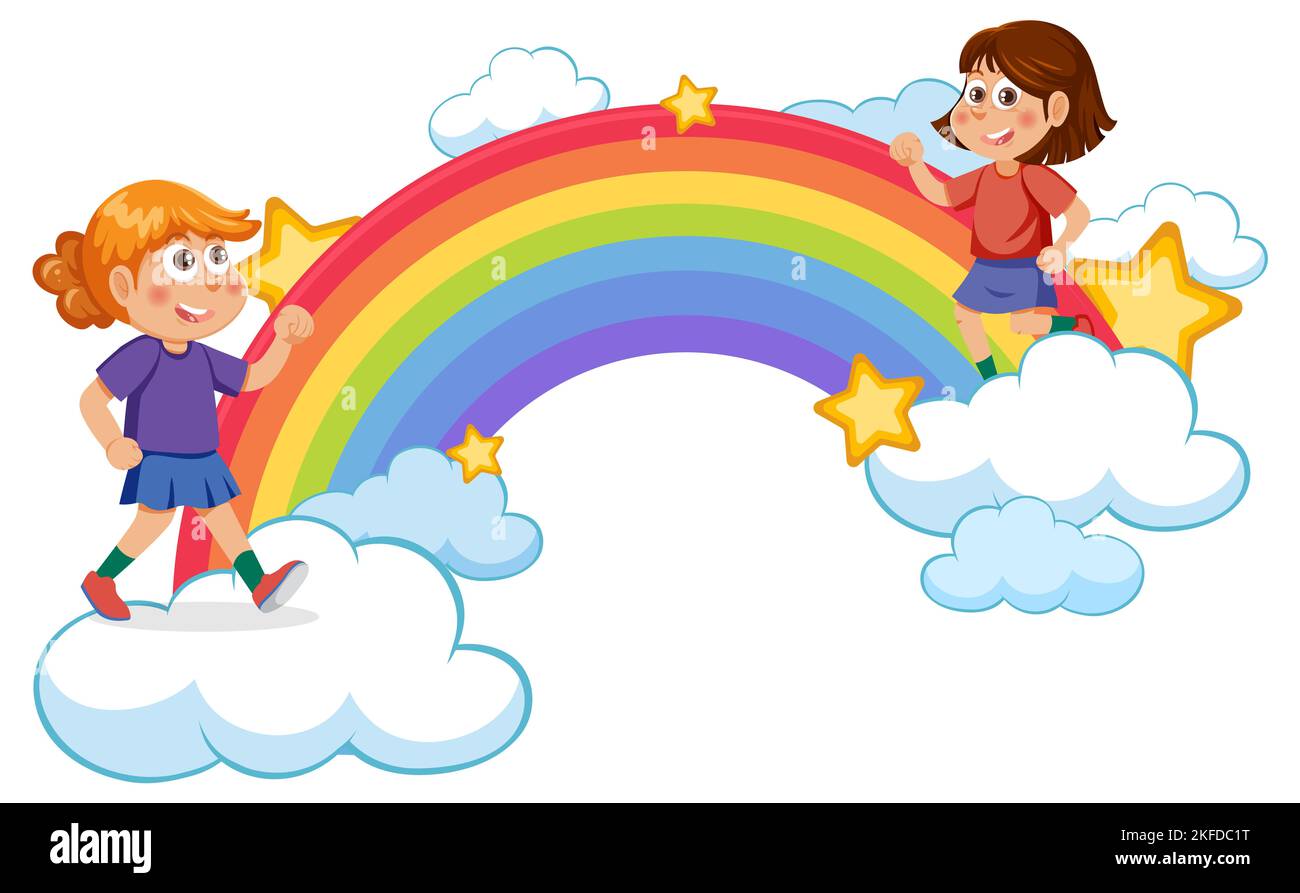 Happy children with rainbow illustration Stock Photo - Alamy