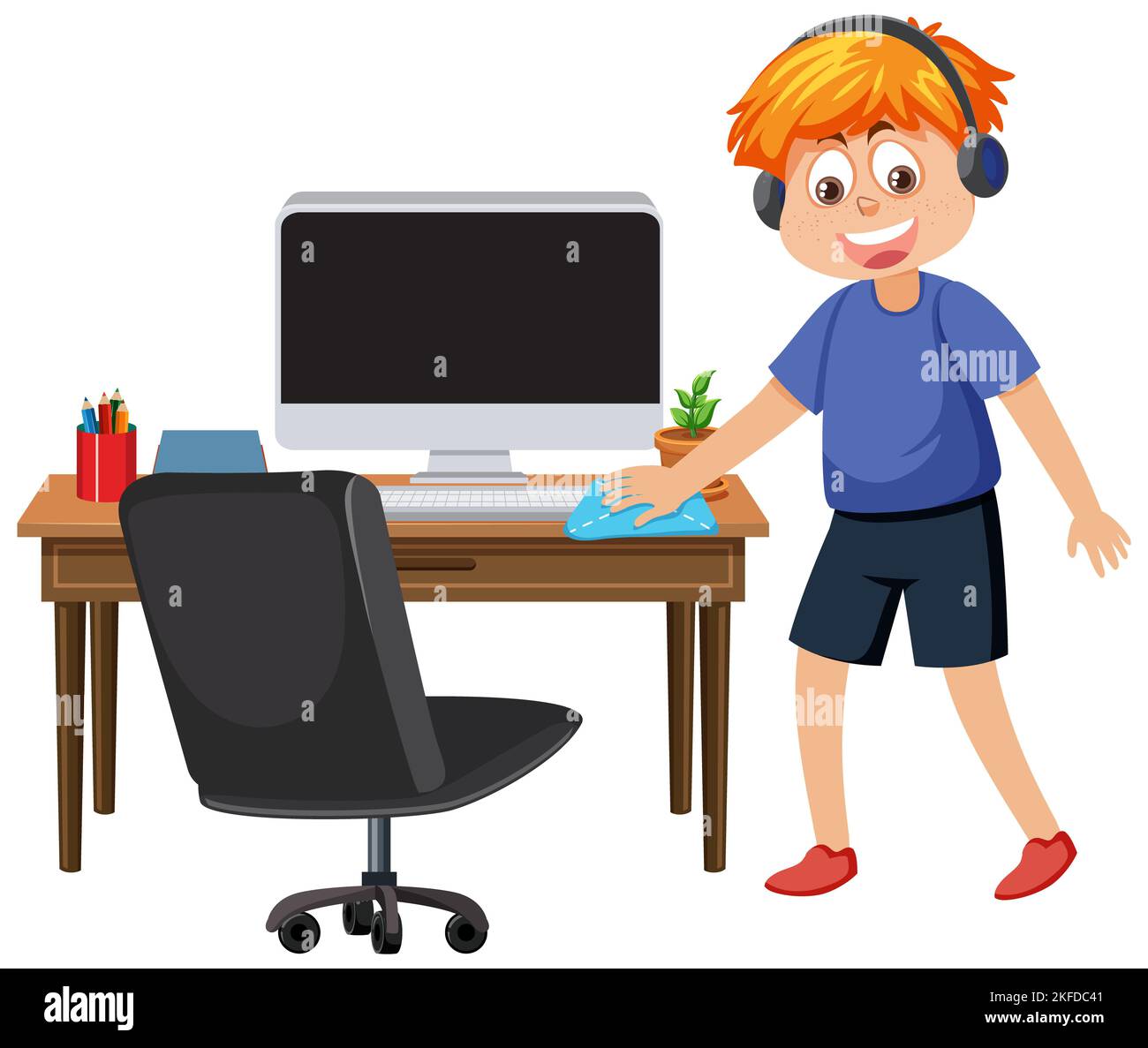 Boy cleaning computer desk illustration Stock Photo - Alamy
