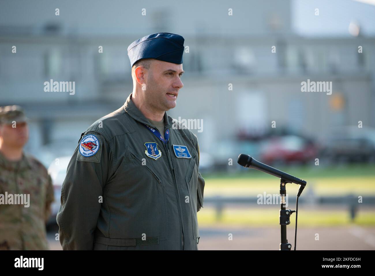 Chief Master Sgt Raymond Fitzpatrick, 107 Operations Group, speaks to ...