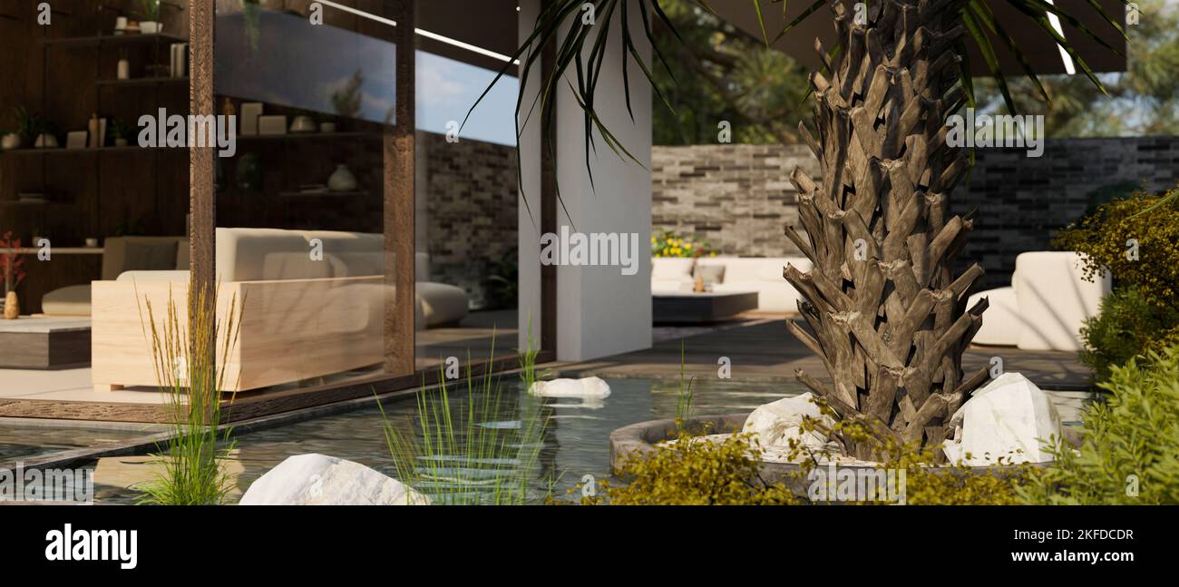 Home outdoor terrace exterior with tropical garden and beautiful fish ...