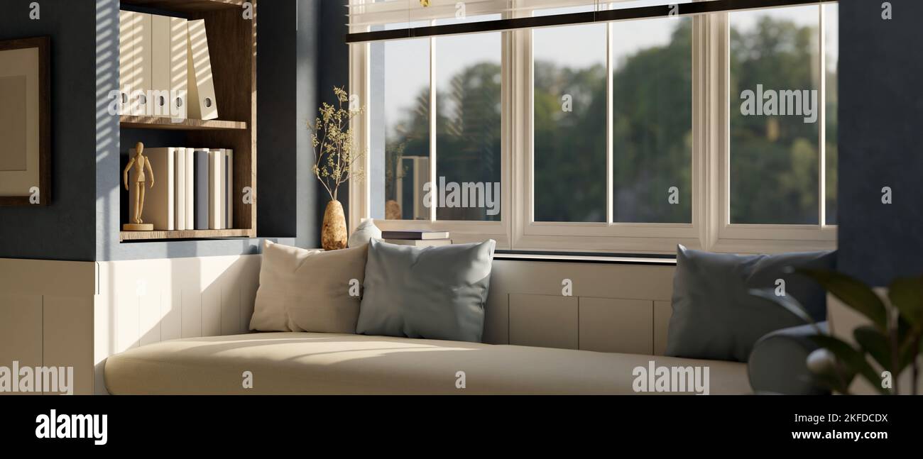 Modern and comfortable window seat or window bench against the window ...