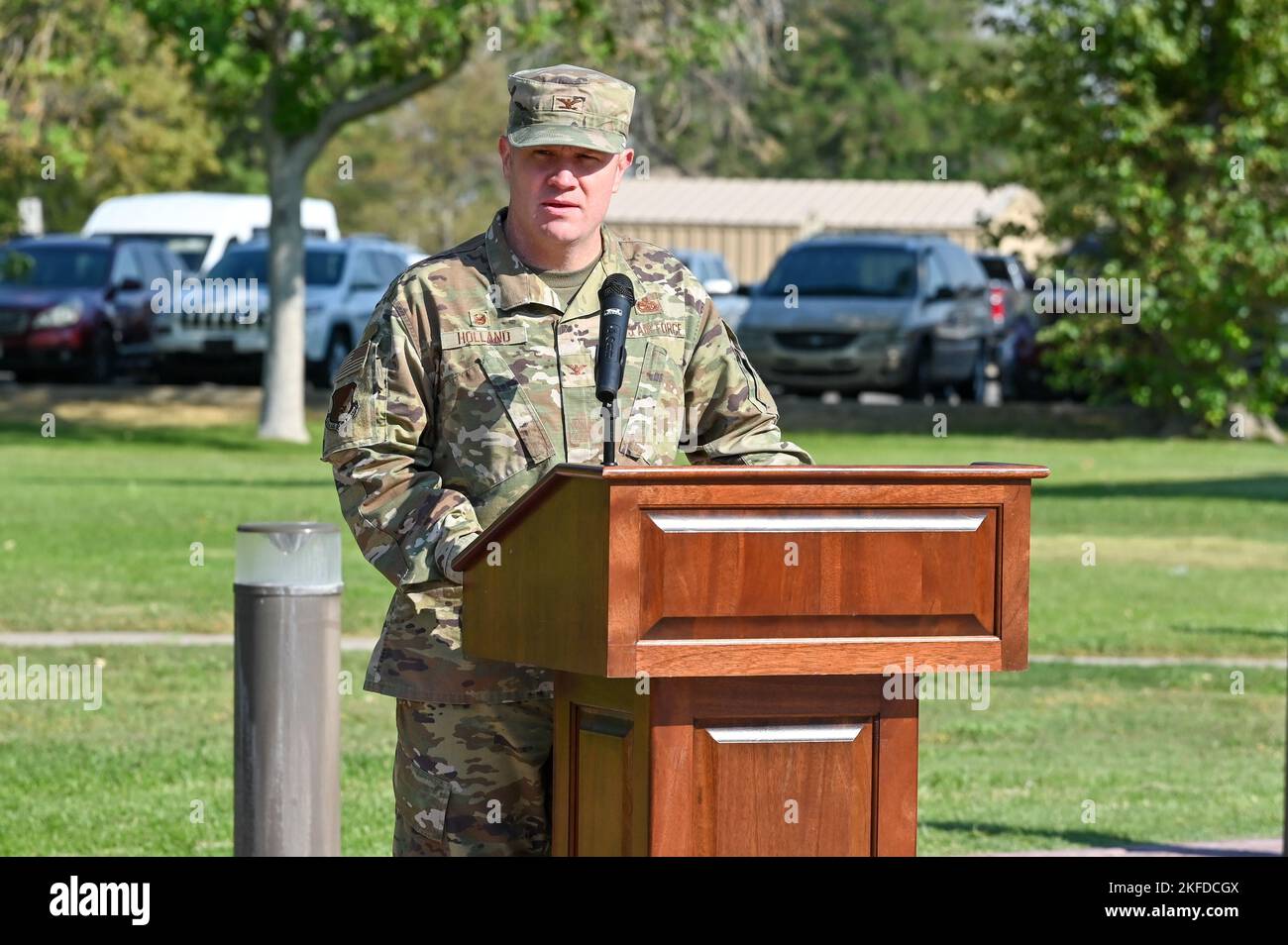Col. Jeffrey Holland, 75th Air Base Wing commander, gives the closing ...
