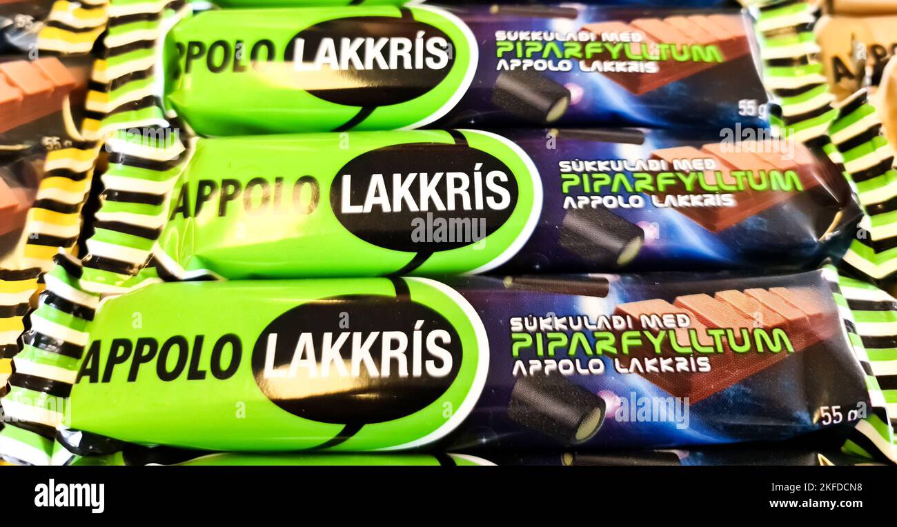 Icelandic brand Apollo Lakkris licorice bars on a supermarket shelf ...
