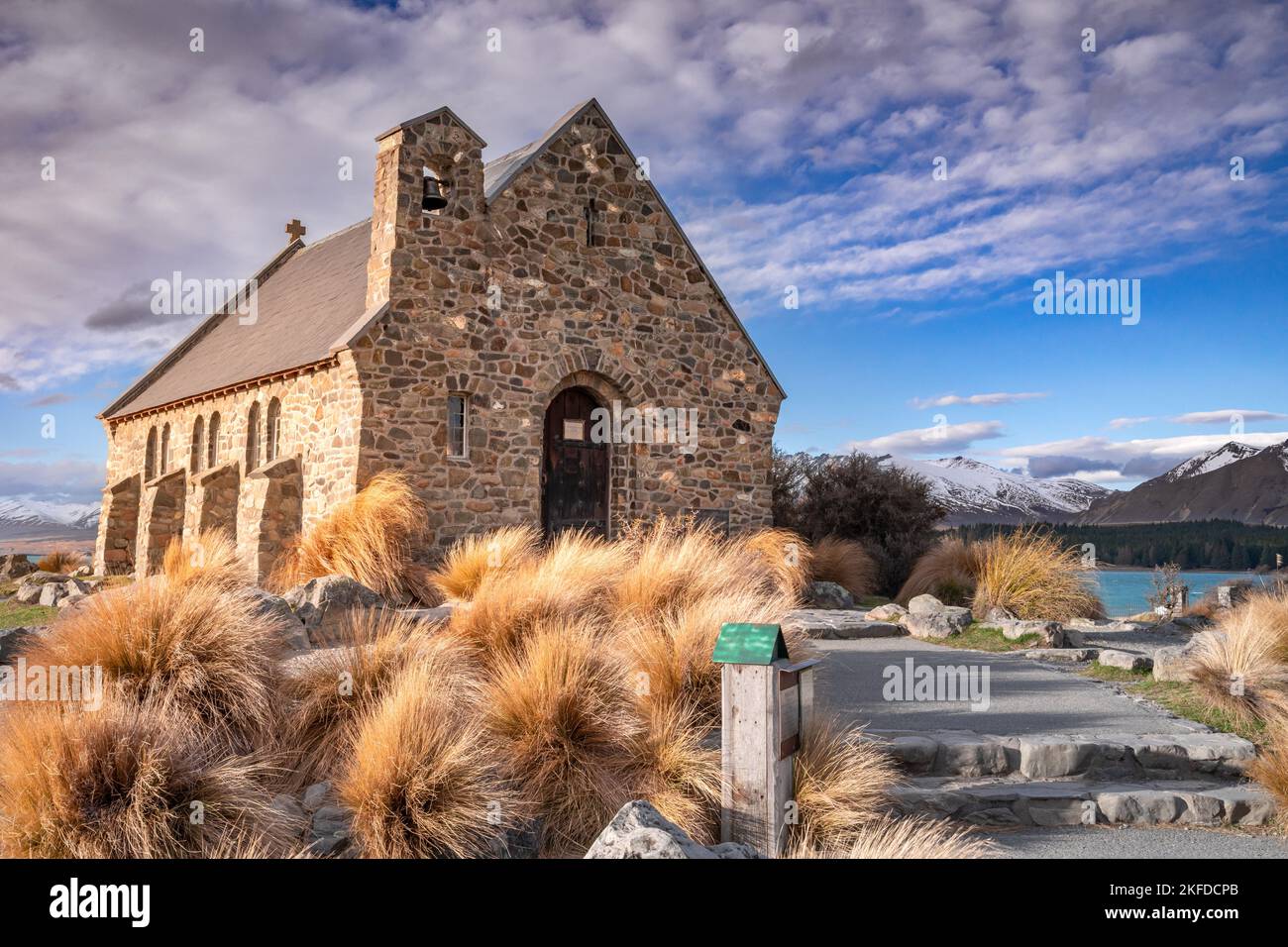 The Church Of Good Shepherd in late winter with beautiful snow capped Southern Alps mountain ...