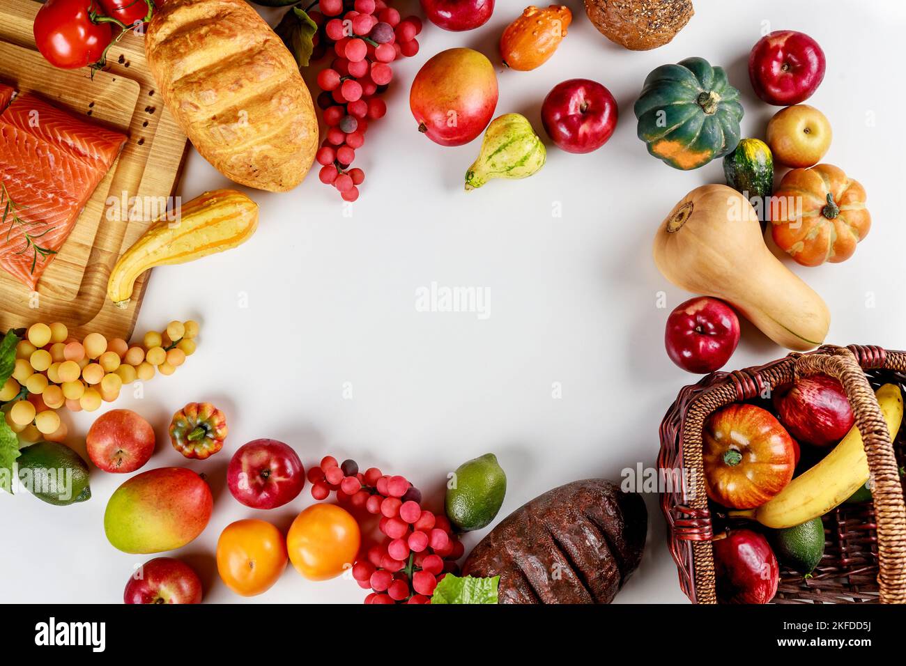A harvest of fruits and vegetables on a table as a background Stock ...