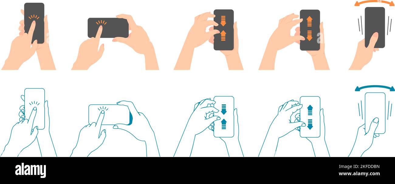 Illustration set of actions to touch the smartphone (tap, pinch, shake ...