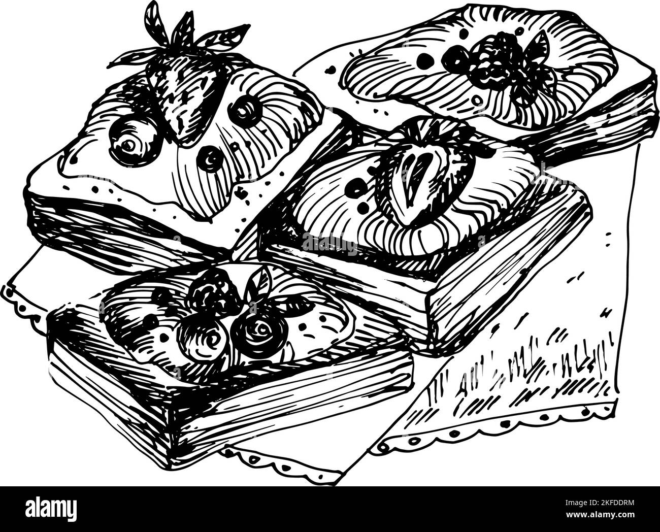Hand Drawn Sketch of Delicious Pastries with Berries. Great for Banner ...