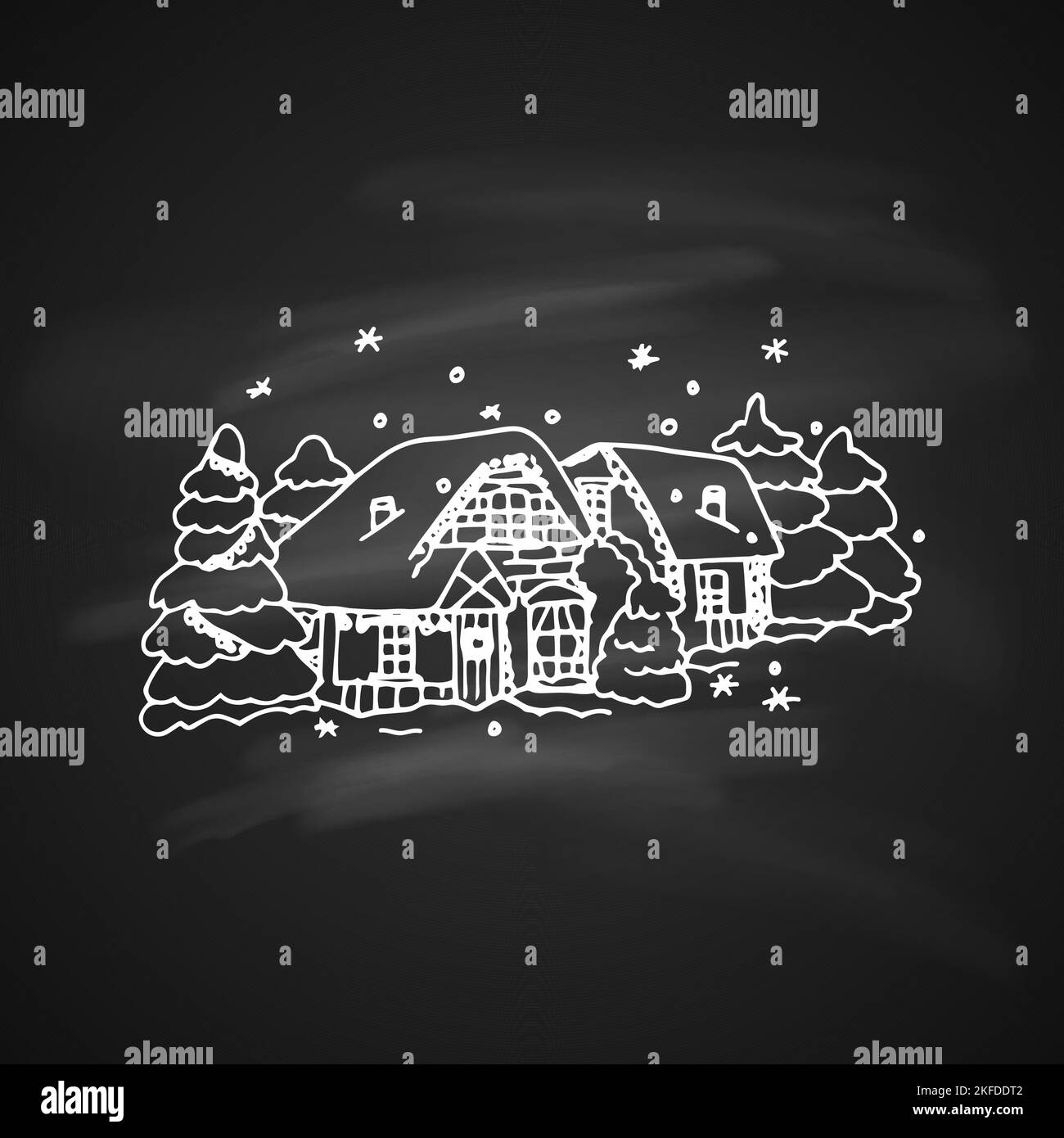 Chalkboard Drawing Winter landscape. Cartoon Country Houses, Snowy ...