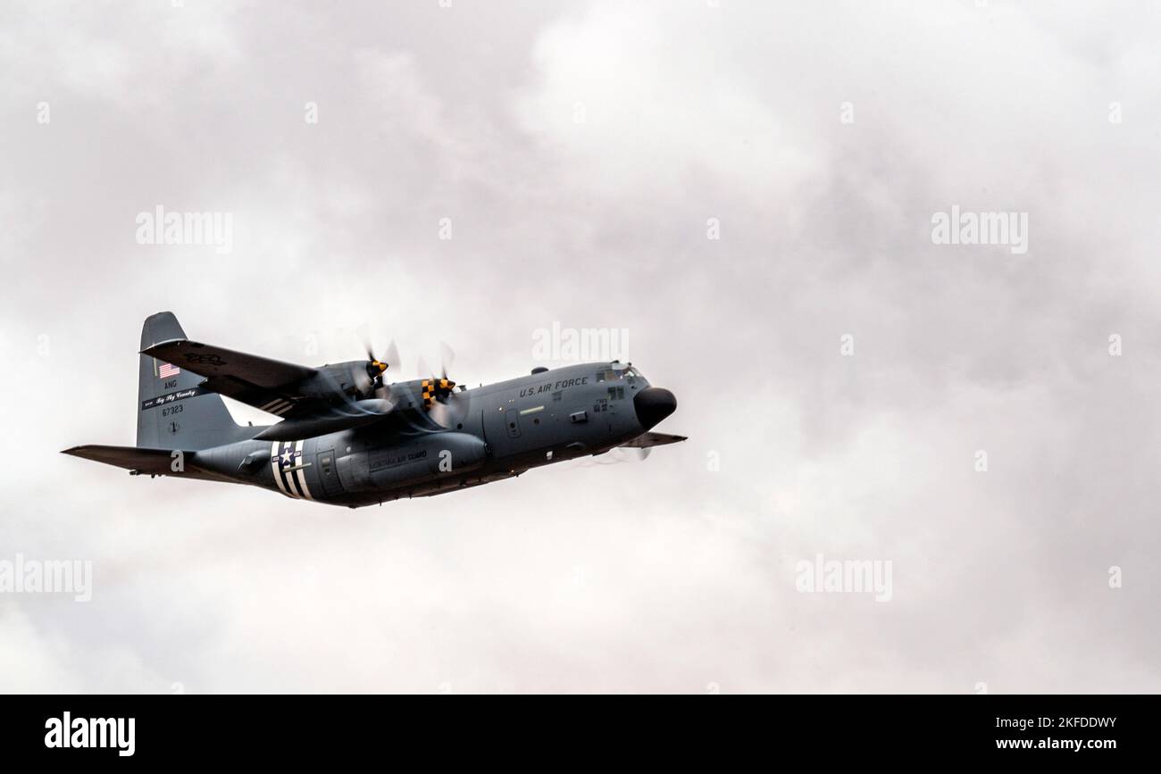 A C-130 Hercules aircraft assigned to the 120th Airlift Wing takes off ...