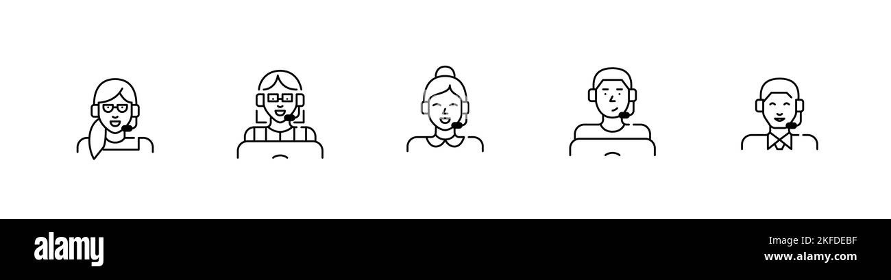 Technical support staff icons set. Help desk workers working with ...