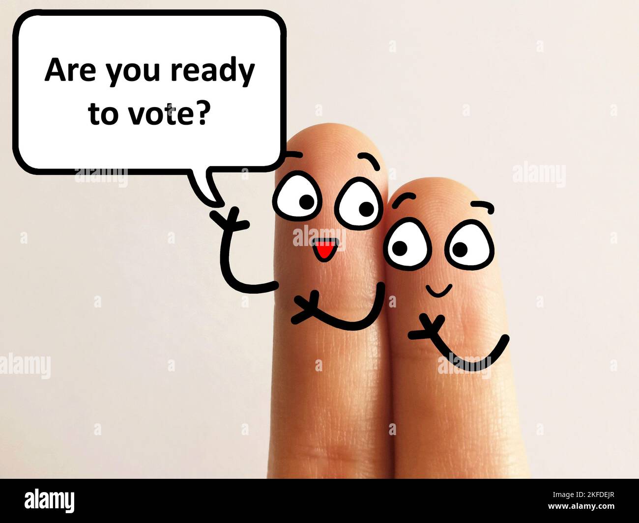 Two fingers are decorated as two person. They are discussing about ...