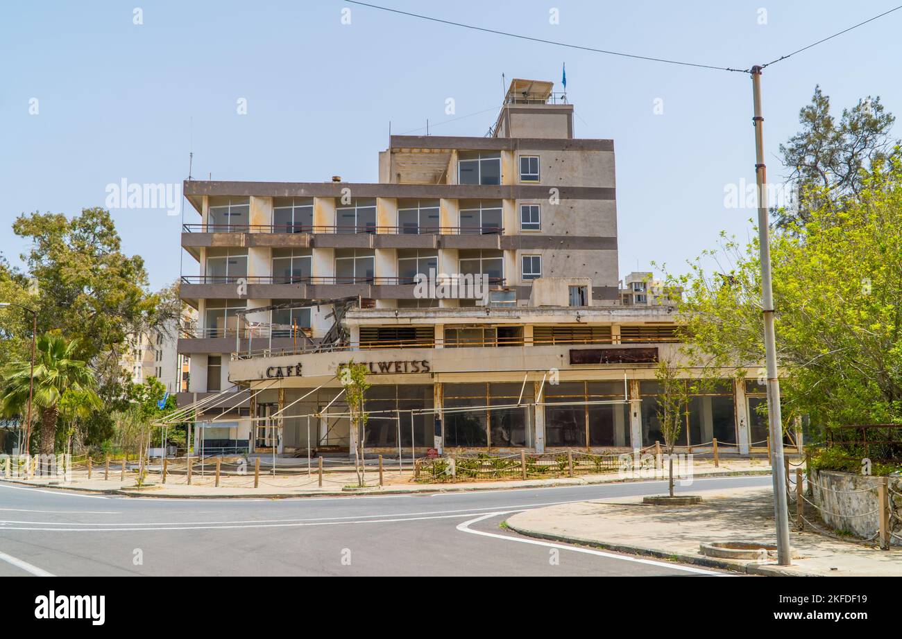 The abandoned building in the beach resort of Maras. Varosha, Cyprus ...