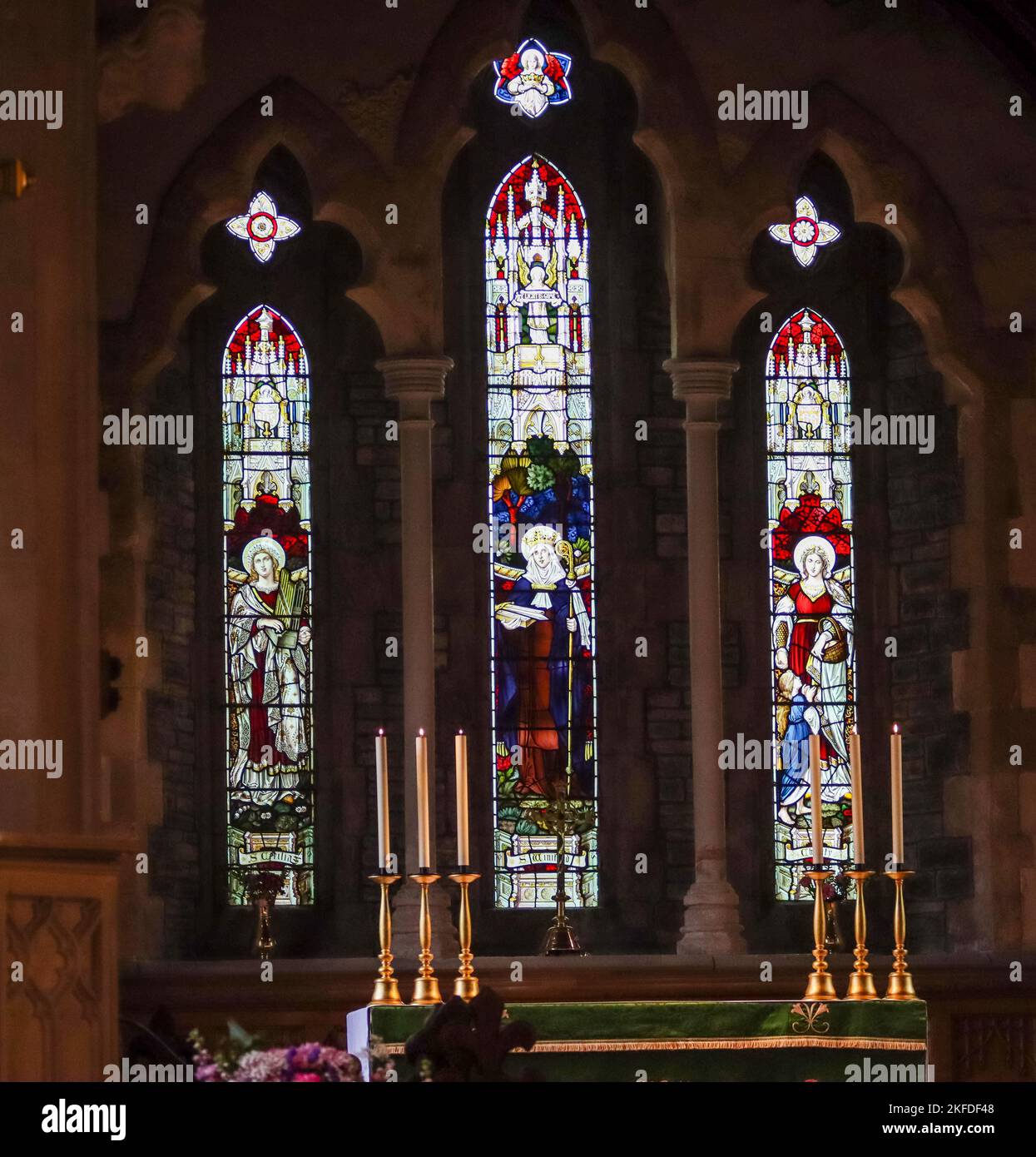 A stained glass window at Saint Winifred's Church Mountain Ash Stock ...