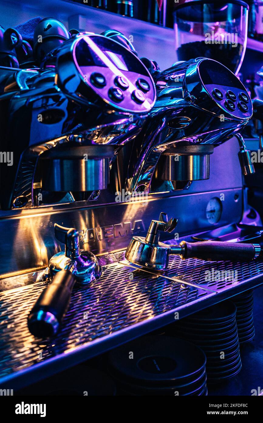A vertical closeup shot of an Italian Faema coffee machine Stock Photo ...