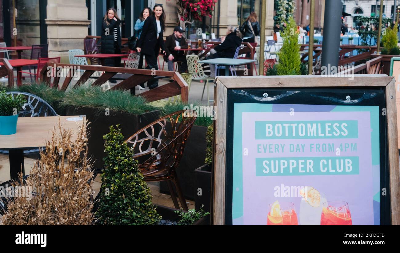 A view of people sitting in the outdoor cafe in Manchester, The UK ...