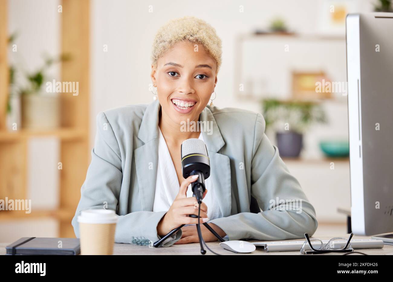 Business podcast, interview and radio, office desk and live streaming ...