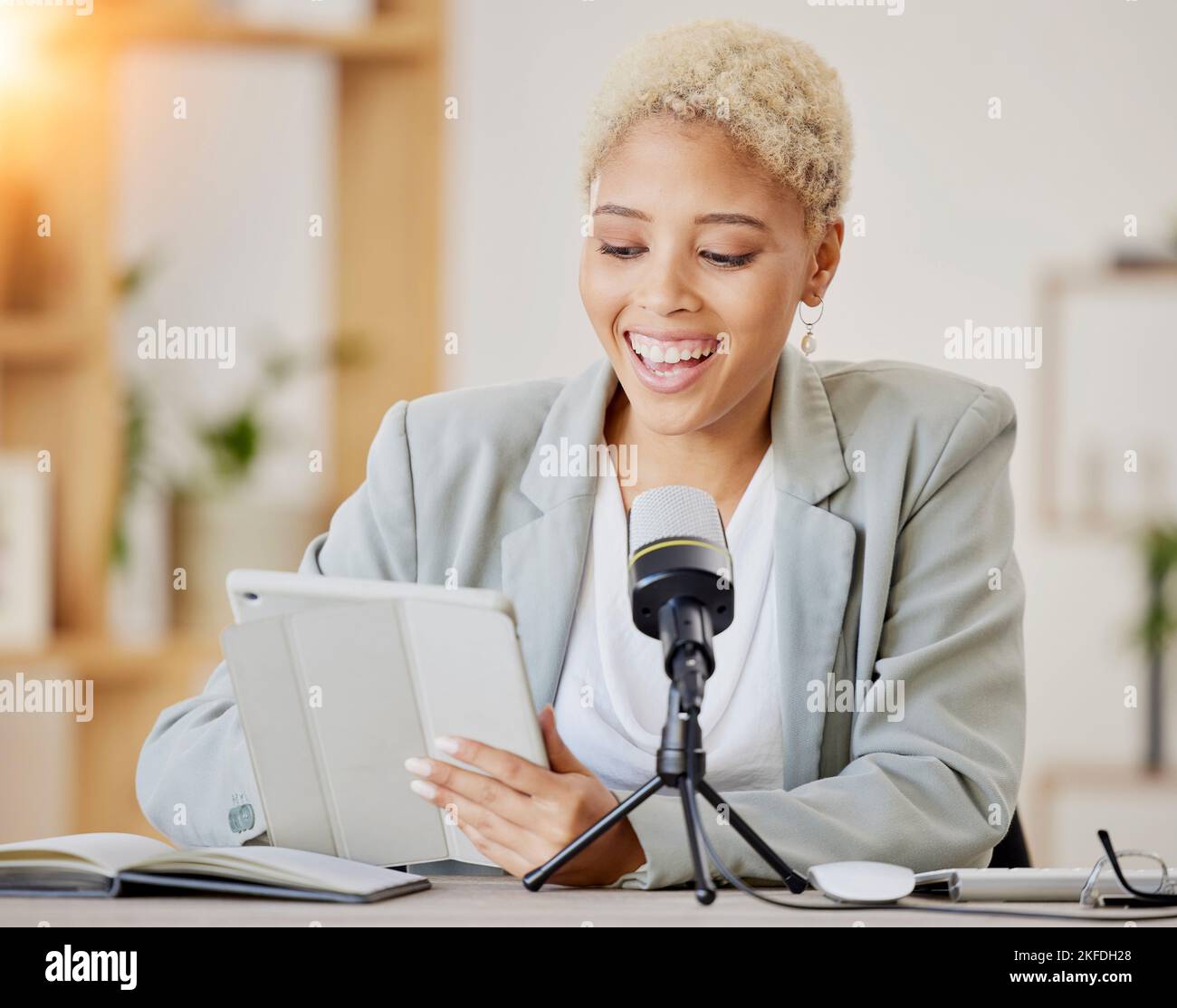 Tablet, woman influencer and microphone for podcast for social media ...