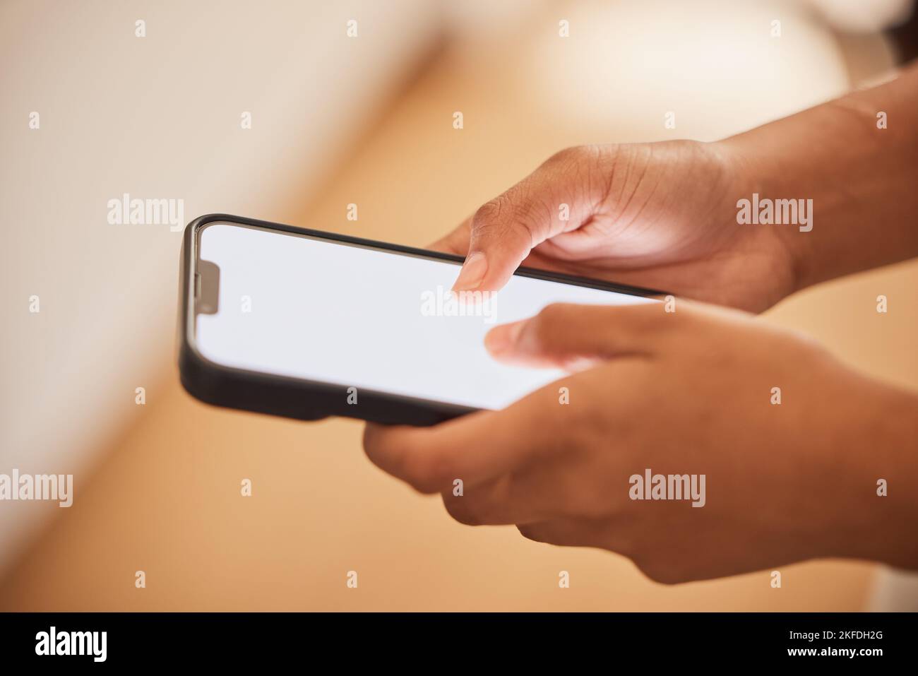 Smartphone, hands and mockup screen for mobile chat app, product ...