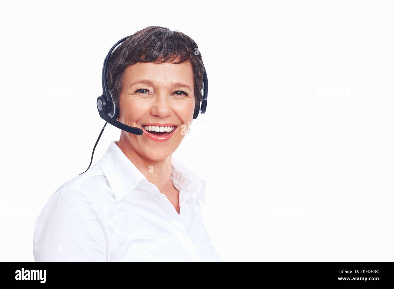 Happy female customer service representative. Portrait of mature female ...
