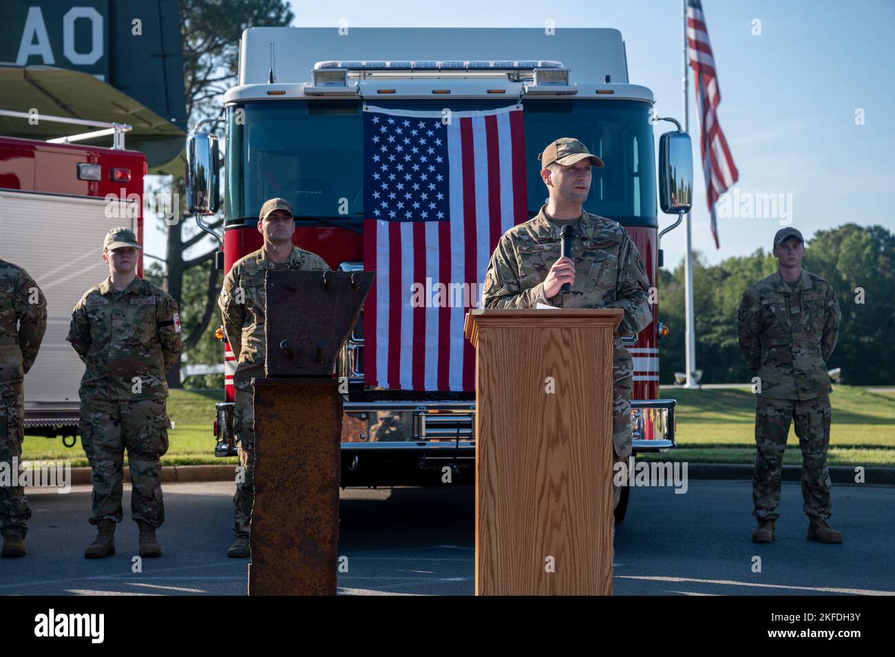 Chief Master Sgt. Nicholas Tonino, 19th Airlift Wing command chief, gives remarks during a 9/11 ...